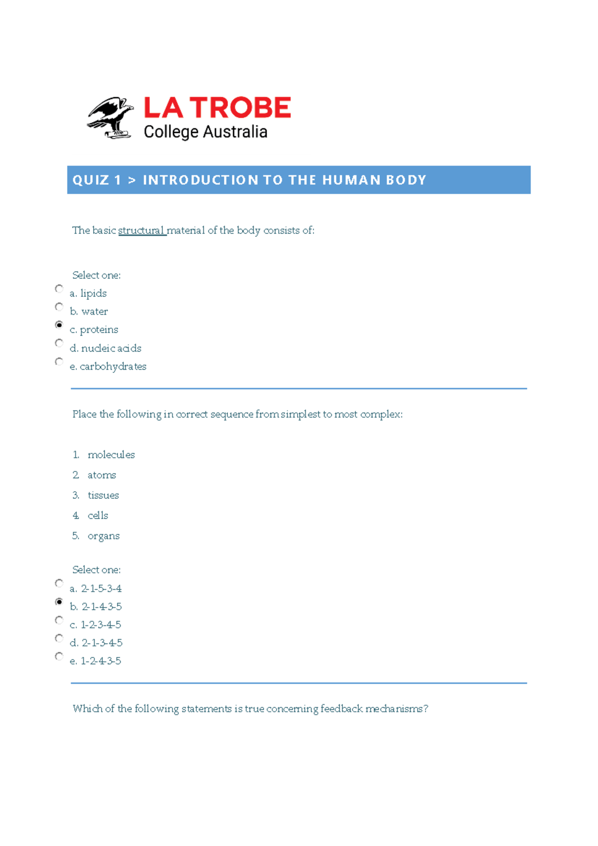 Quiz 1 Introduction to the Human Body - QUIZ 1 > INTRODUCTION TO THE ...