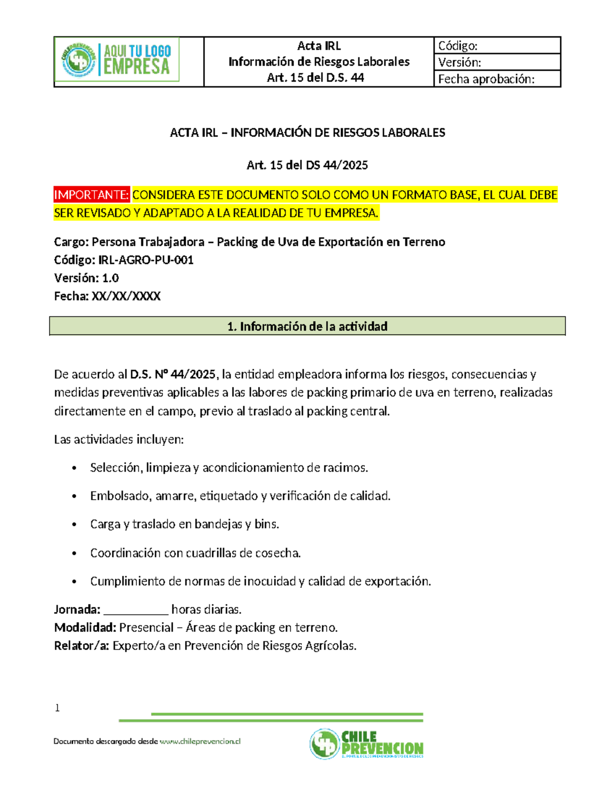 Acta IRL: Información de Riesgos Laborales en Packing de Uva - Studocu