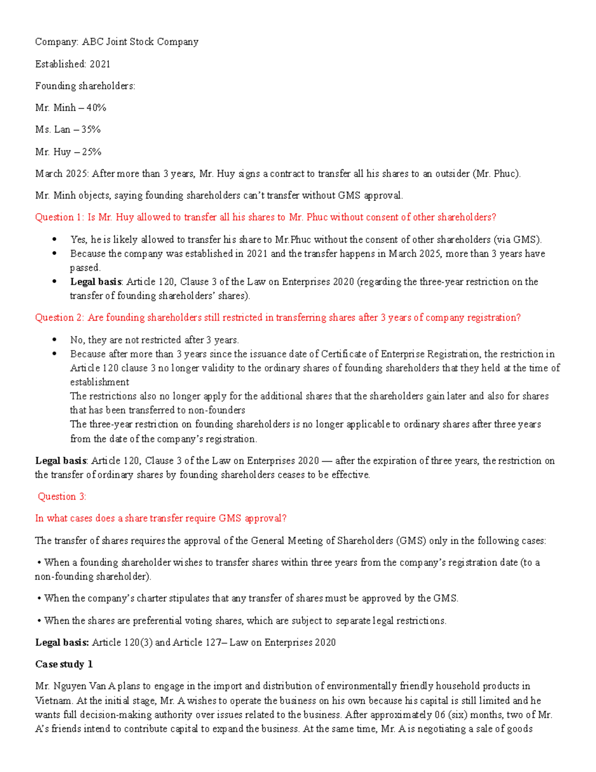 Business Law Case Studies and Analysis - Course Code: LAW101 - Studocu