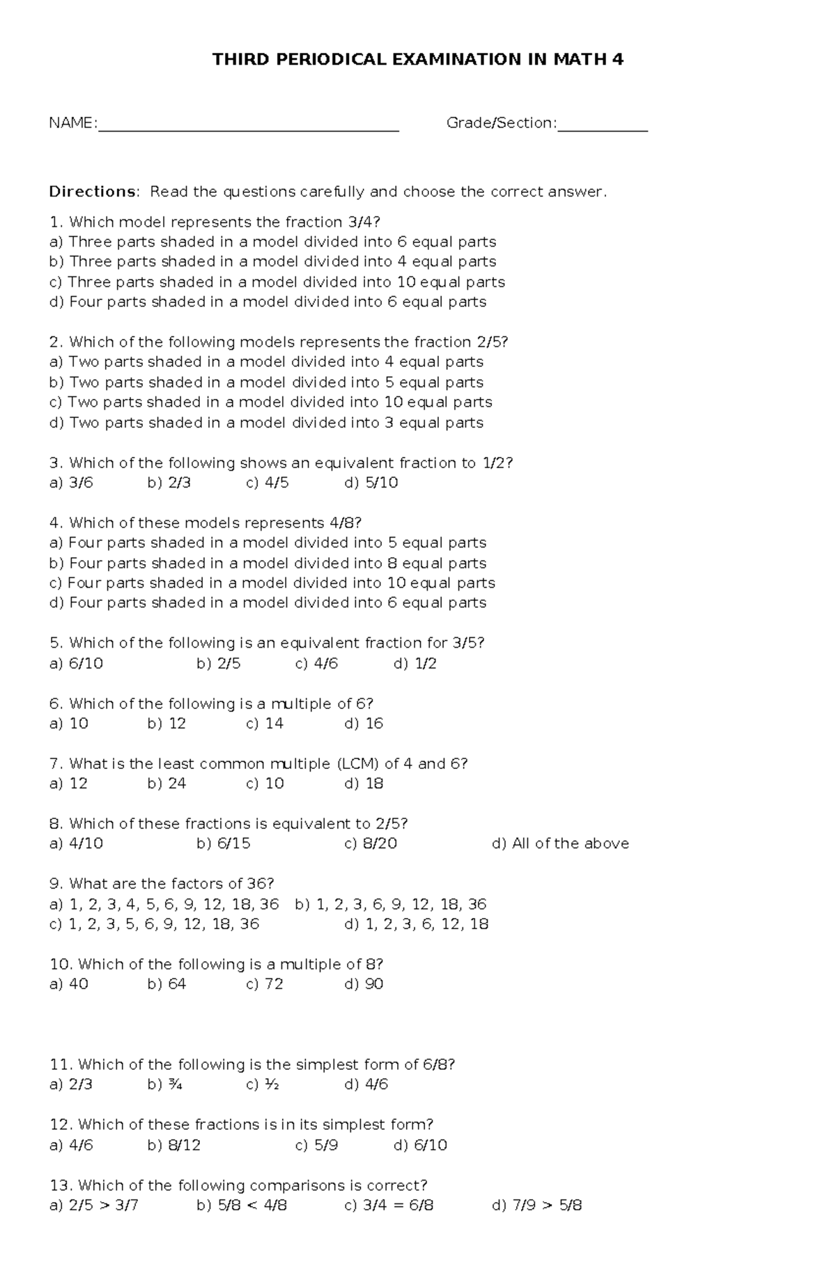 Third Periodical Exam in MATH 4: Fraction Concepts and Operations - Studocu