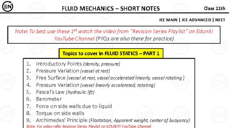 Fluid Mechanics Short Notes Class 11th JEE/NEET - Part 1 & 2 - Studocu
