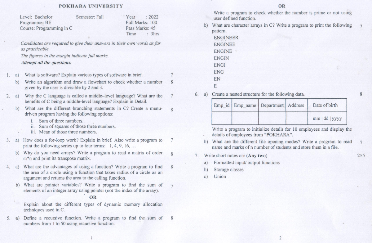 C -22 fall - exam paper - POKHARA UNIVERSITY OR Write a program to ...
