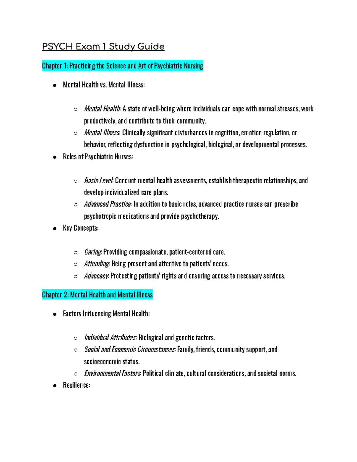 PSYCH 101 Exam 1 Review: Key Concepts in Psychiatric Nursing - Studocu