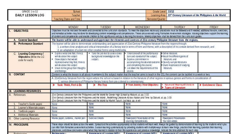 21st Century Literature DLL: Weekly Lesson Plan for Grades 1-12 - Studocu