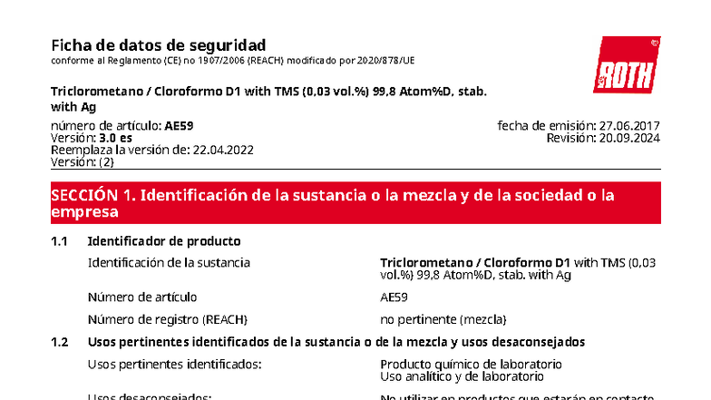 Ficha de Datos de Seguridad (FDS) de Triclorometano Cloroformo D1 (AE59 ...