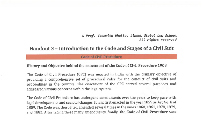 CIVIL PROCEDURE CODE (CPC) - Stages of a Civil Suit Handout 3 - Studocu