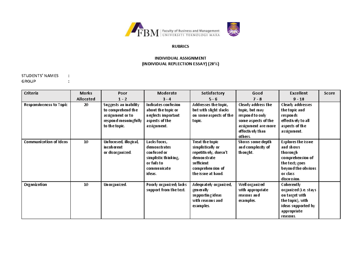 MGT420 Individual Reflection Essay Rubrics and Criteria - Studocu