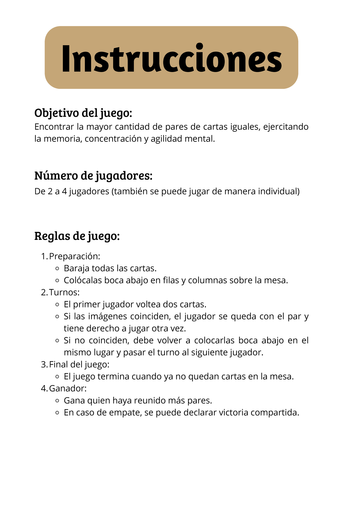 Instrucciones del Juego: Memorama para 2-4 Jugadores - Studocu