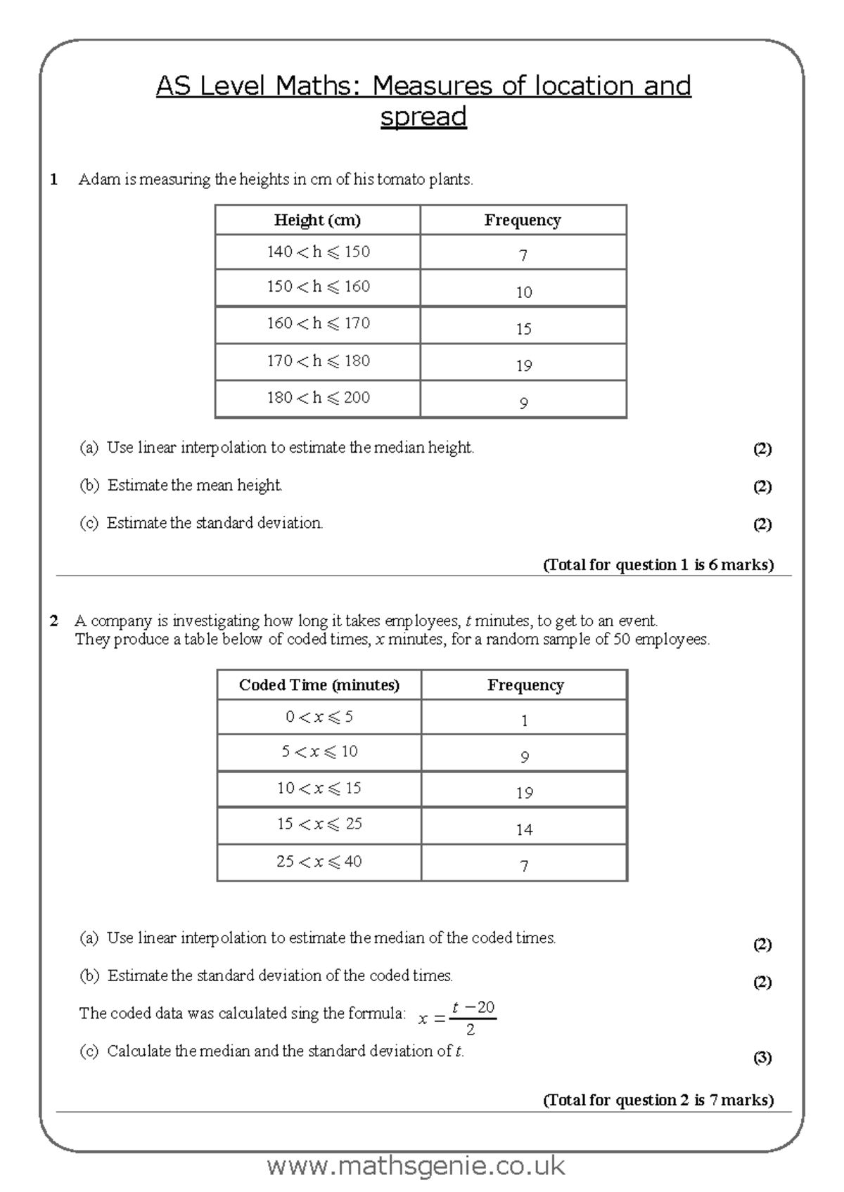 AS Level Maths: Measures of Location and Spread Analysis - Studocu