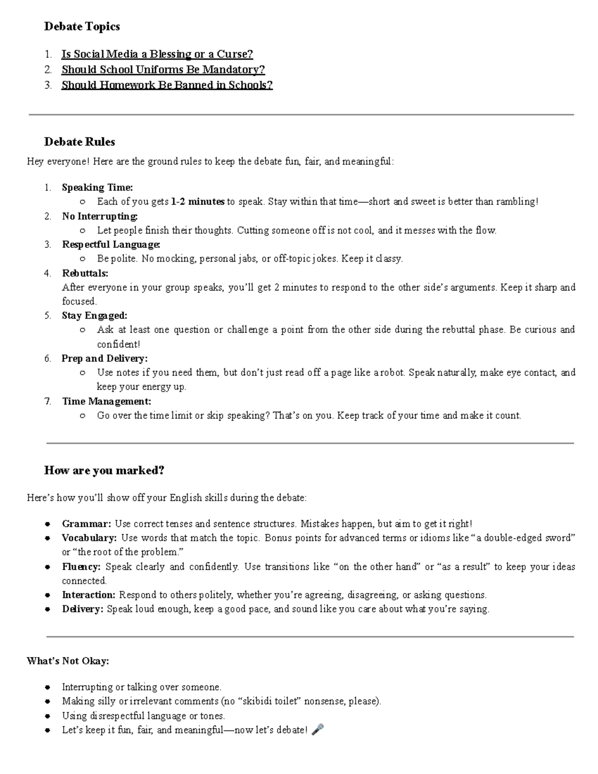 ENG 101 Class Debate Topics and Guidelines for Effective Discussion ...
