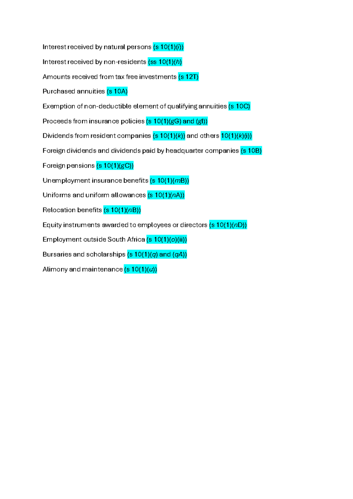 List of Exemptions Under Tax Laws (s 10, s 12T, s 10A, s 10C) - Studocu