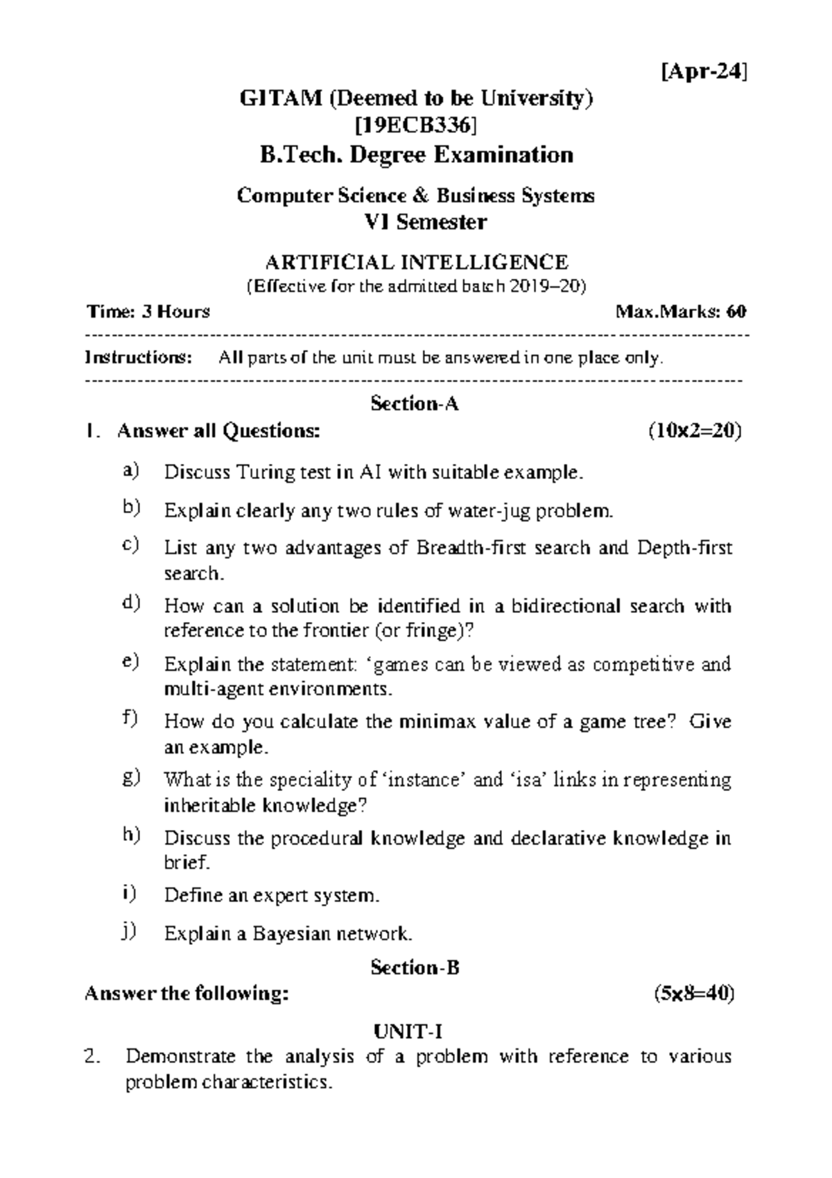 19ECB336 - AI Final Exam Study Guide and Key Concepts - Studocu