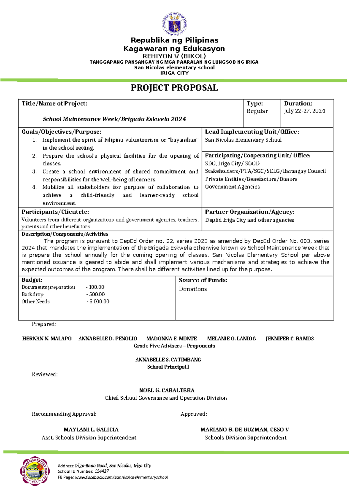 Brigada Eskwela 2024 - Project Proposal for San Nicolas Elementary ...