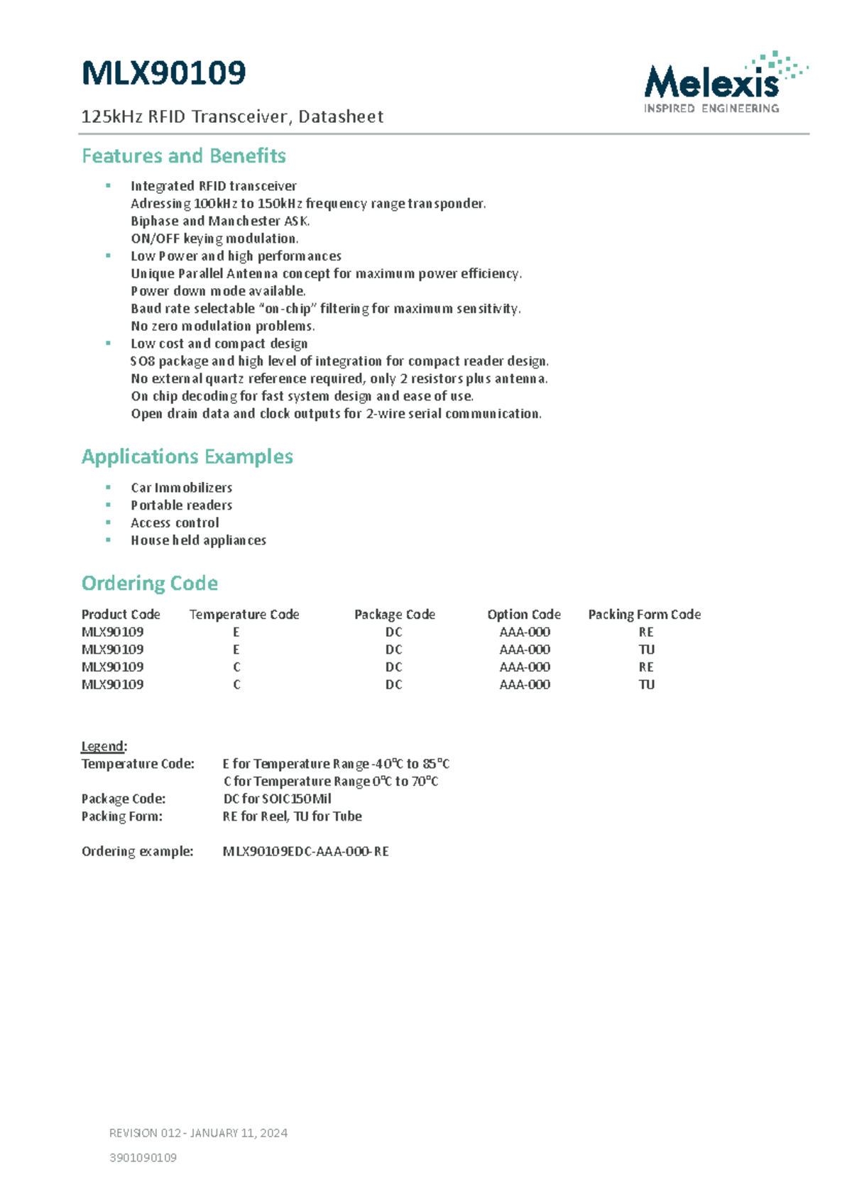 MLX90109 125kHz RFID Transceiver Datasheet Overview and Features - Studocu