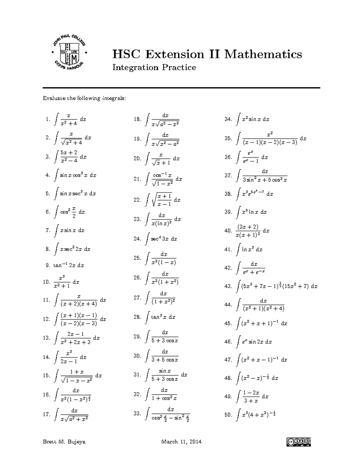 HSC Extension II Mathematics: Integration Practice Problems and ...