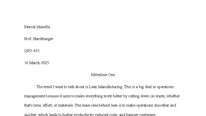 QSO 415 Milestone 1: Lean Manufacturing Strategies at Amazon - Studocu