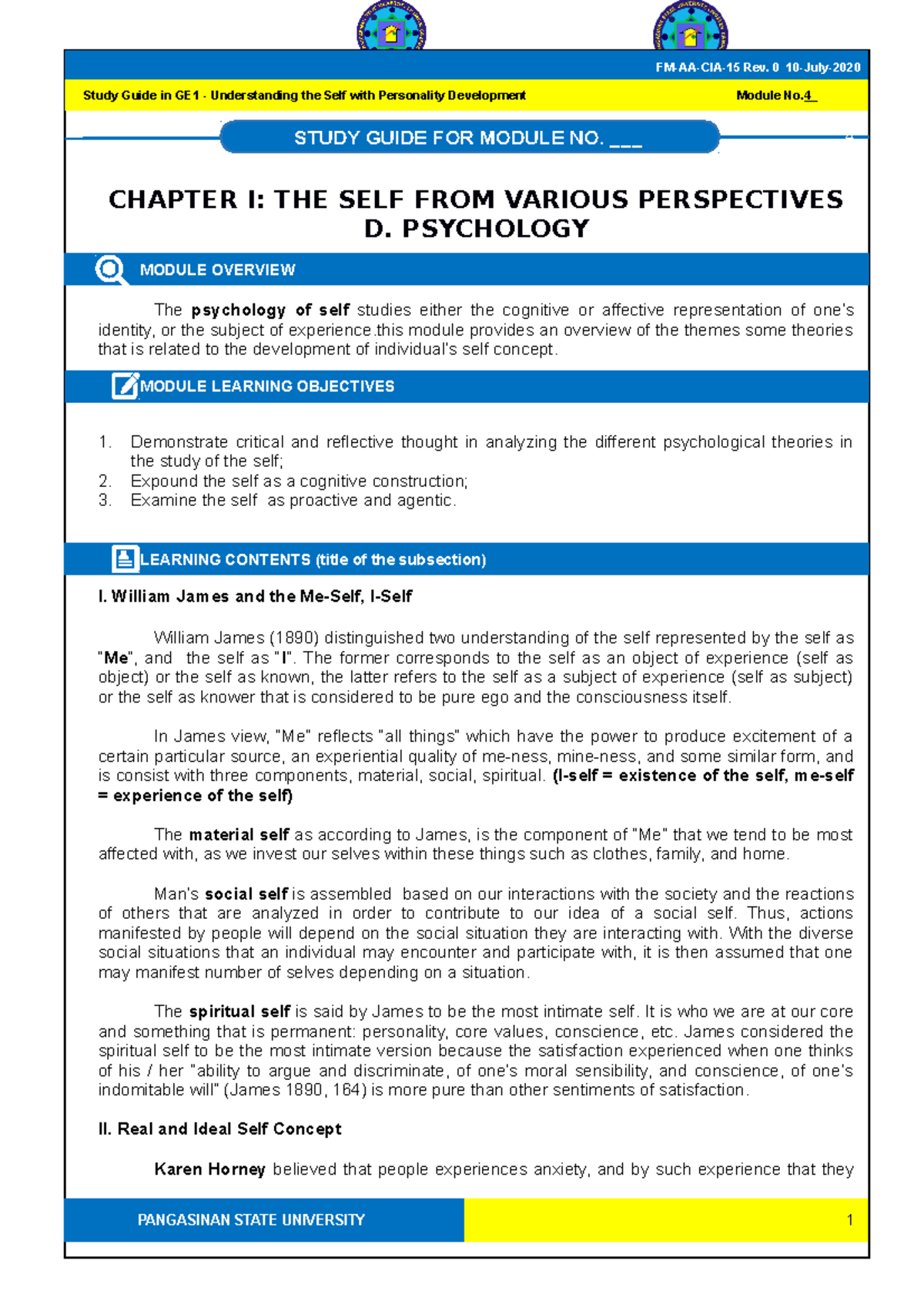 GE1 Module 4 - Psychology - 4 CHAPTER I: THE SELF FROM VARIOUS ...