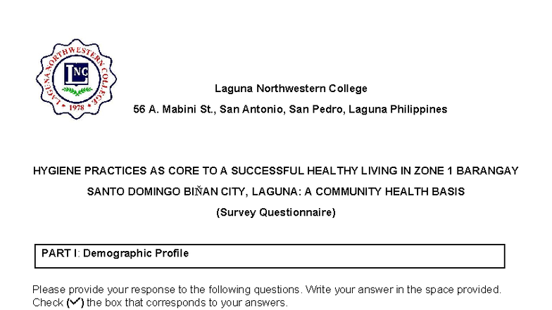 Hygiene Practices Survey Questionnaire for Community Health Study - Studocu