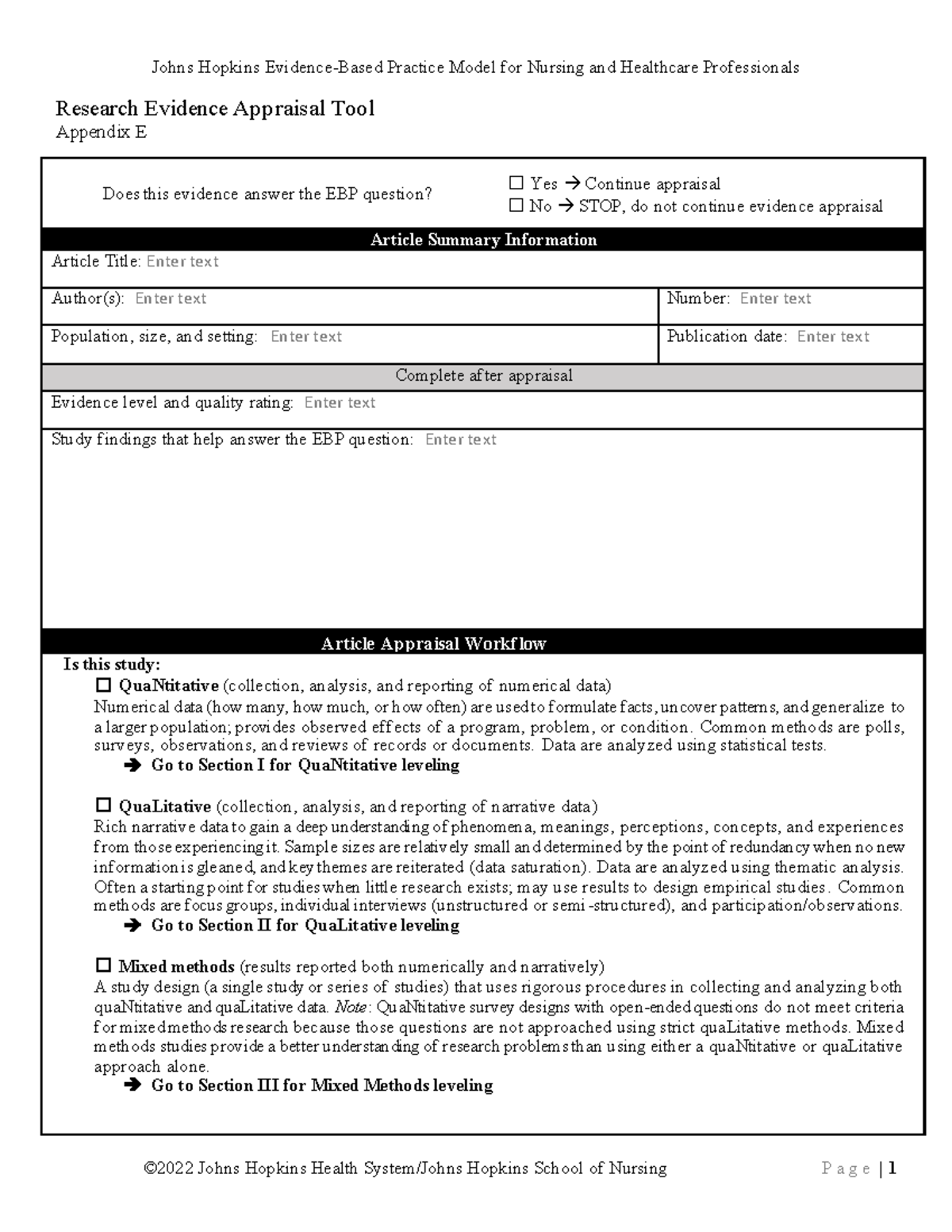 Johns Hopkins Nursing EBP Evidence Appraisal Tool - Appendix E - Studocu