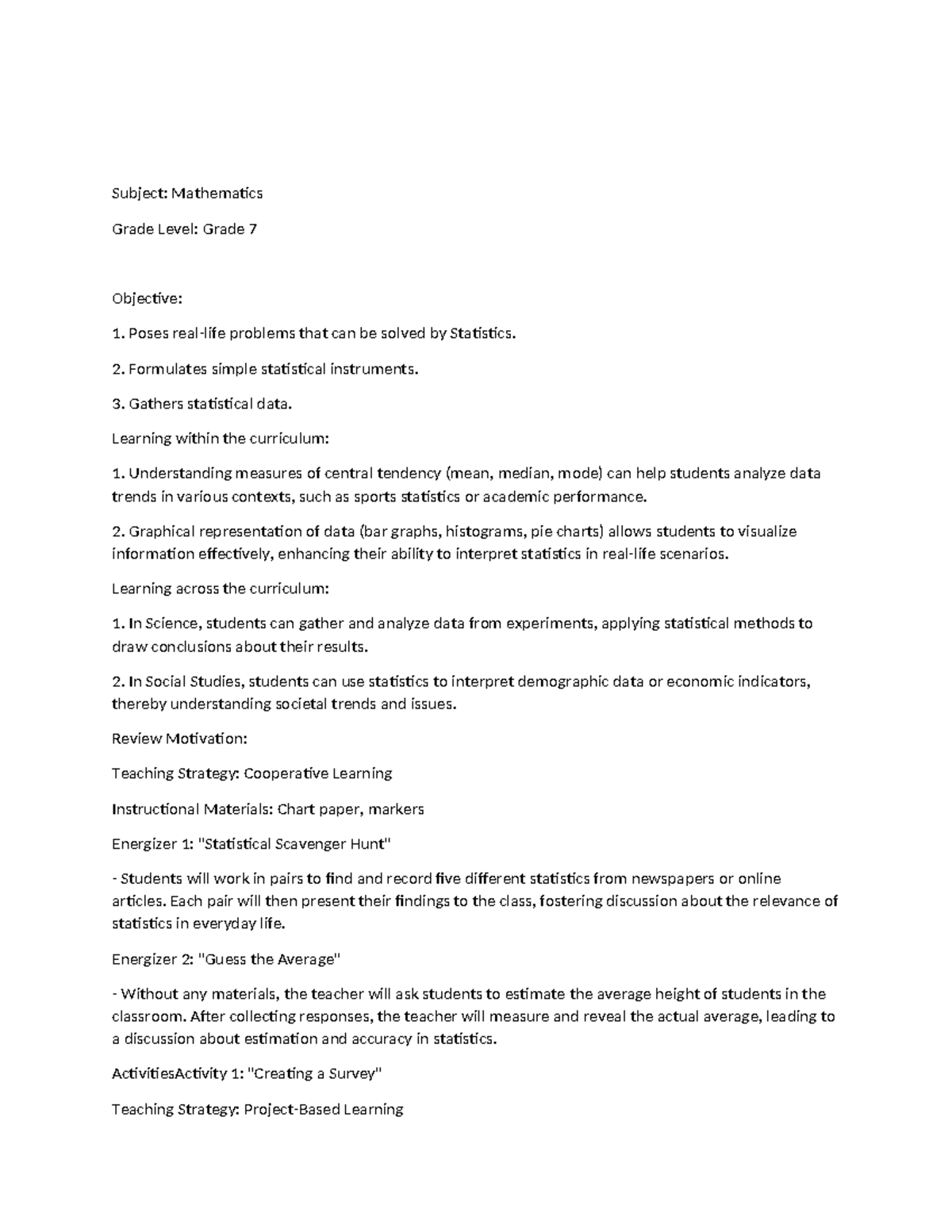 DLP Math 7 - Detailed Lesson Plan on Statistics for Grade 7 - Studocu