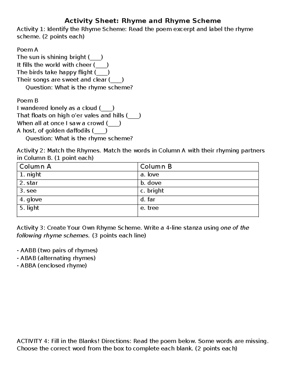 Activity Sheet: Rhyme and Rhyme Scheme Activities for Poetry Analysis ...