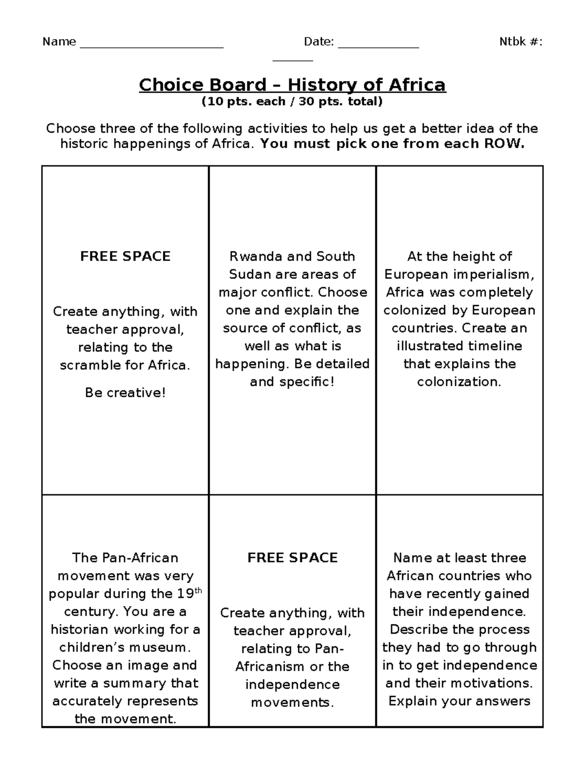 Choice Board Activities: History of Africa (10 pts each) - Studocu