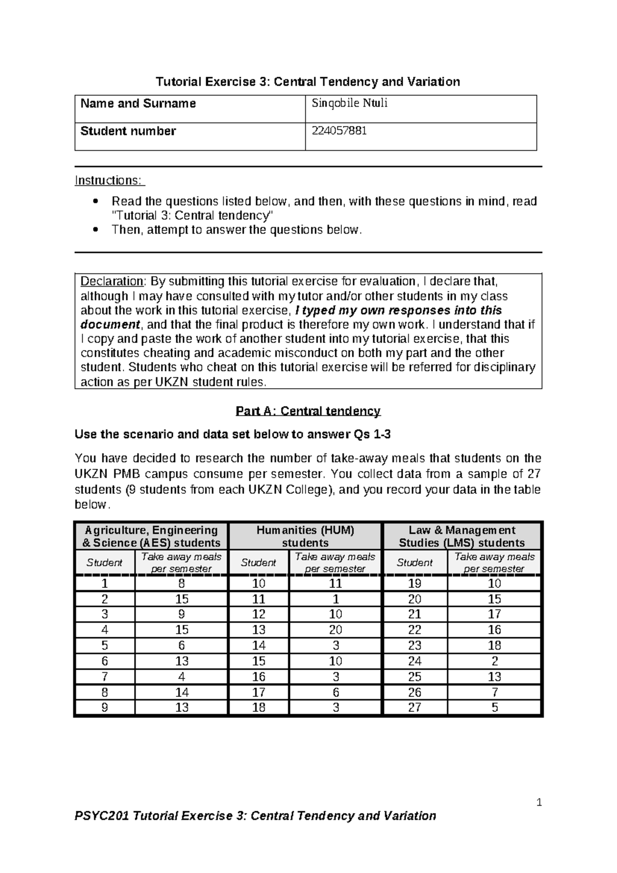 PSYC201 Tutorial Exercise 3: Central Tendency & Variation Analysis ...