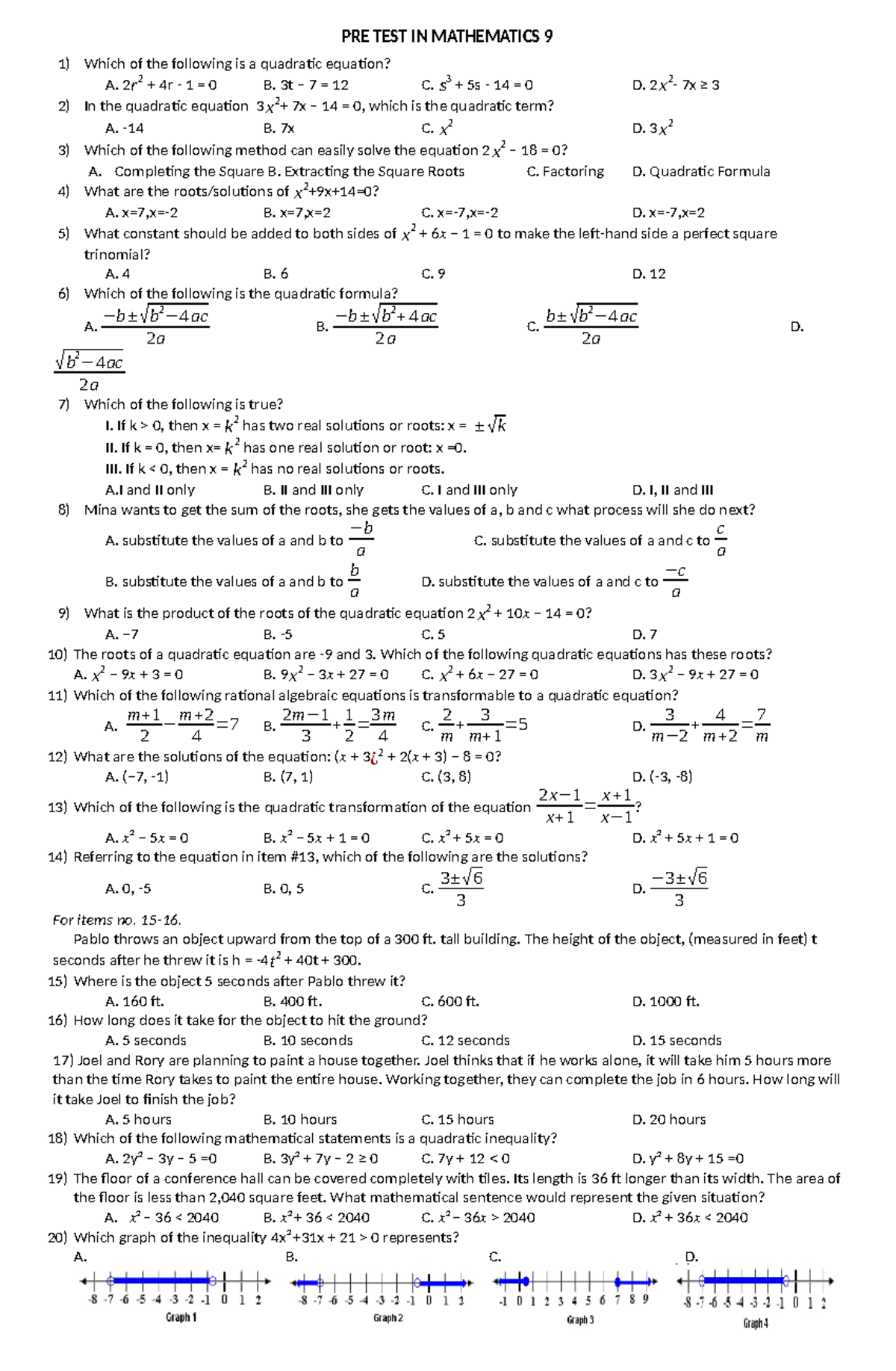 Diagnostic Test in Mathematics 9: Quadratic Equations & Functions - Studocu