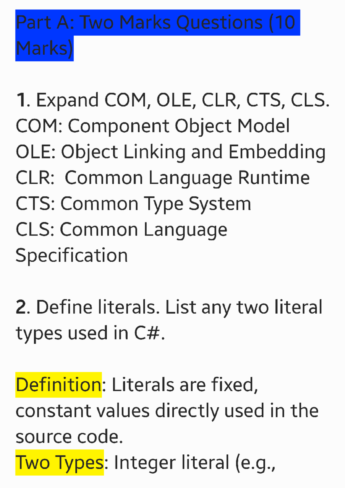 C# IMP: Important Concepts and Two Marks Questions - Studocu