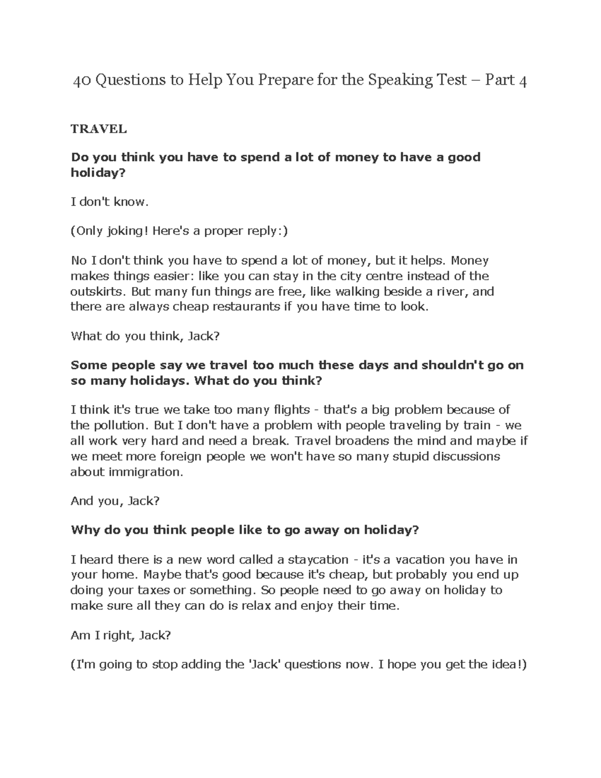 FCE Speaking Test Prep: 40 Essential Questions - Part 4 Guide - Studocu