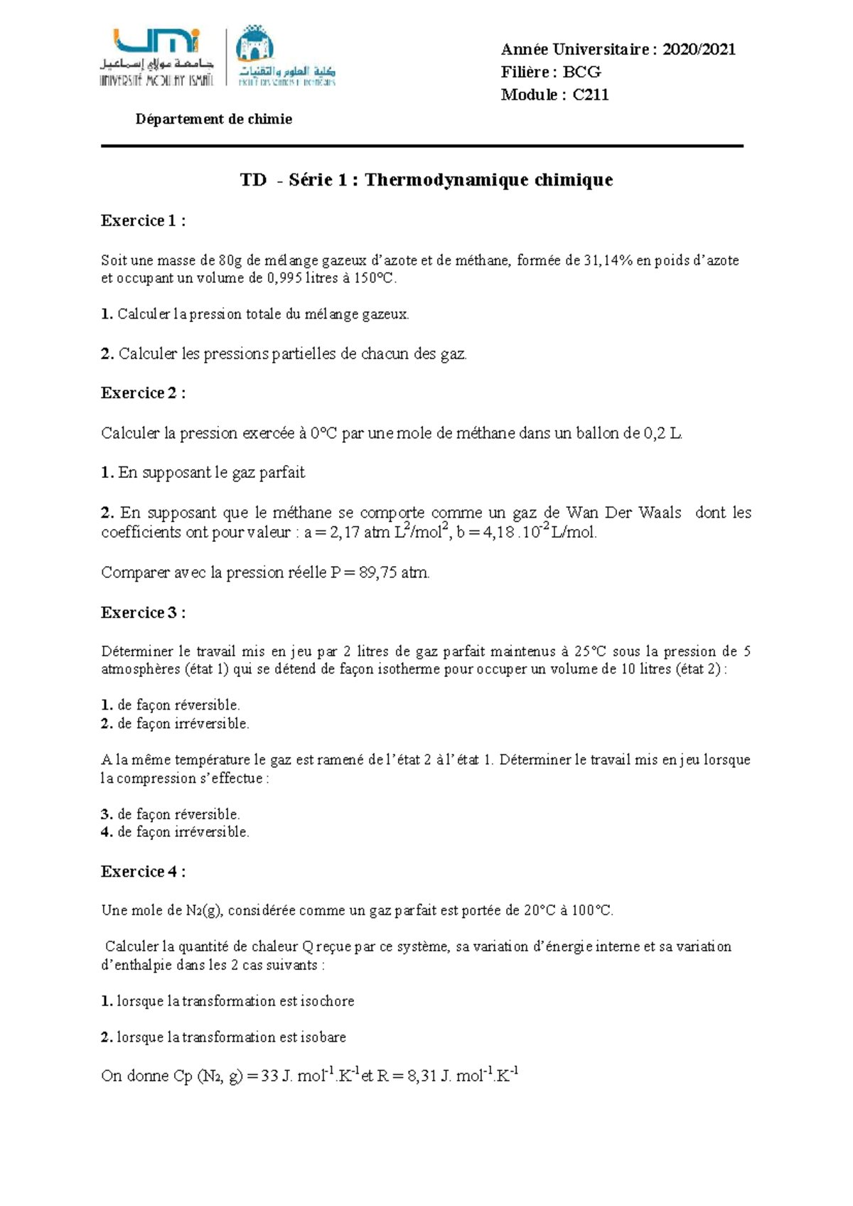 TD C211 : Thermodynamique Chimique - Correction Série 1 et 2 - Studocu