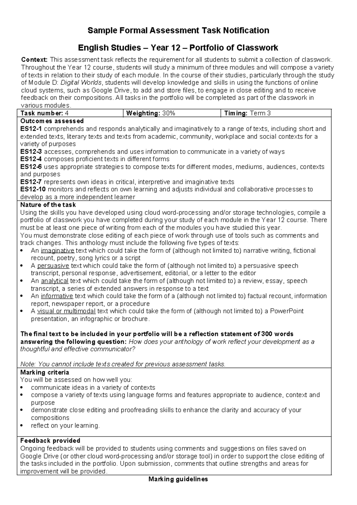 Year 12 English Studies Assessment Task: Classwork Portfolio ...