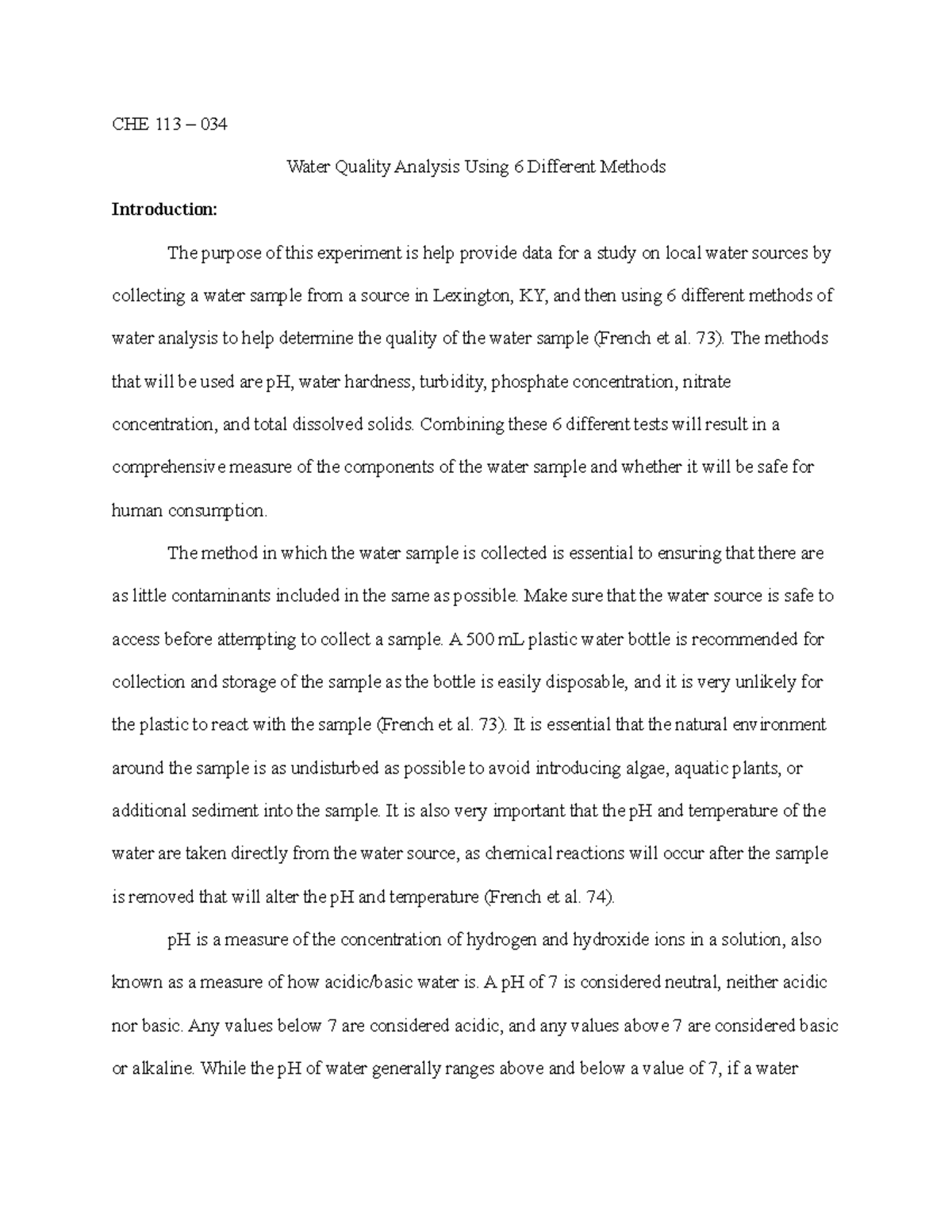 Experiment 13 - CHE 113 – 034 Water Quality Analysis Using 6 Different ...