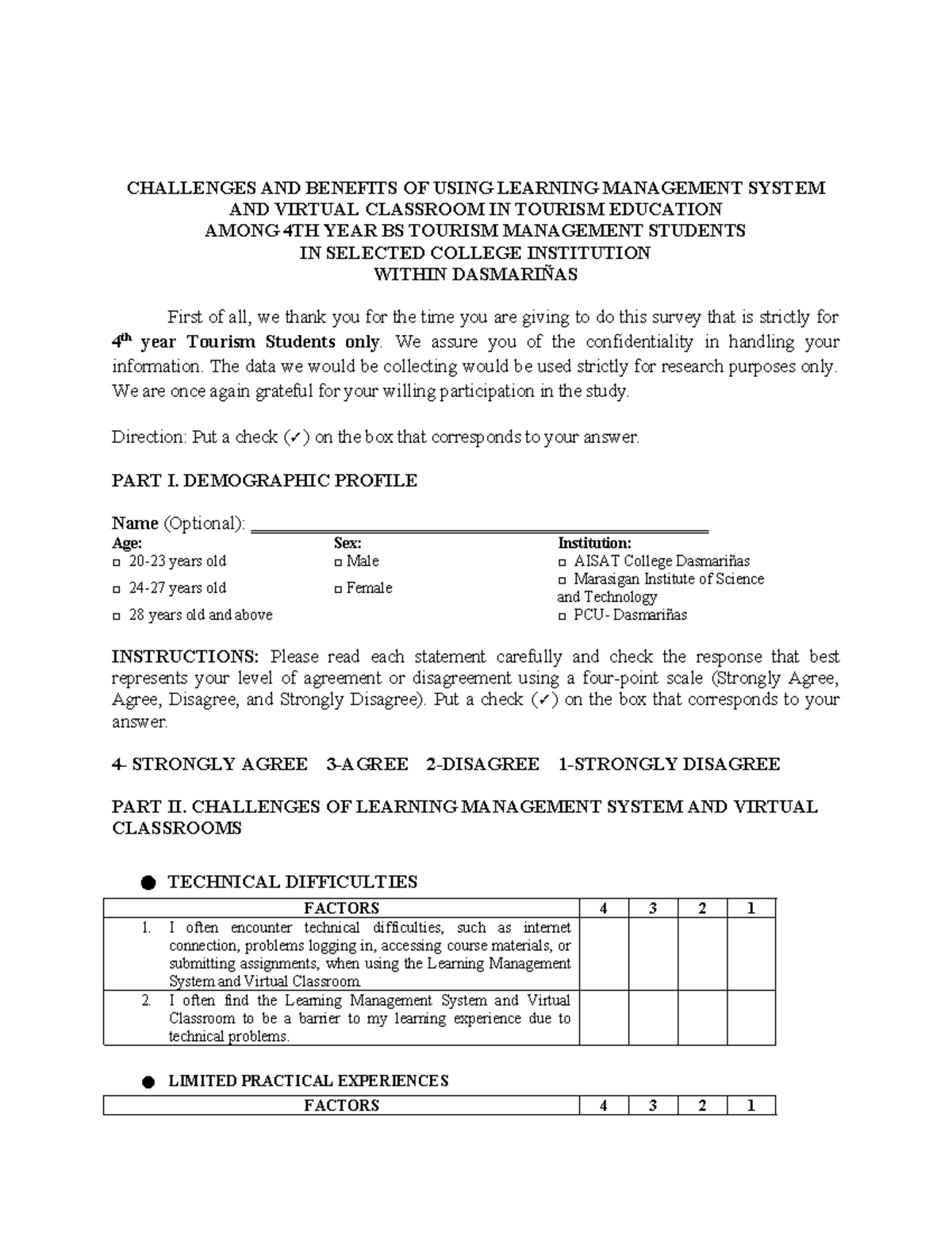 Sample-Questionnaire 2024-3 - CHALLENGES AND BENEFITS OF USING LEARNING ...