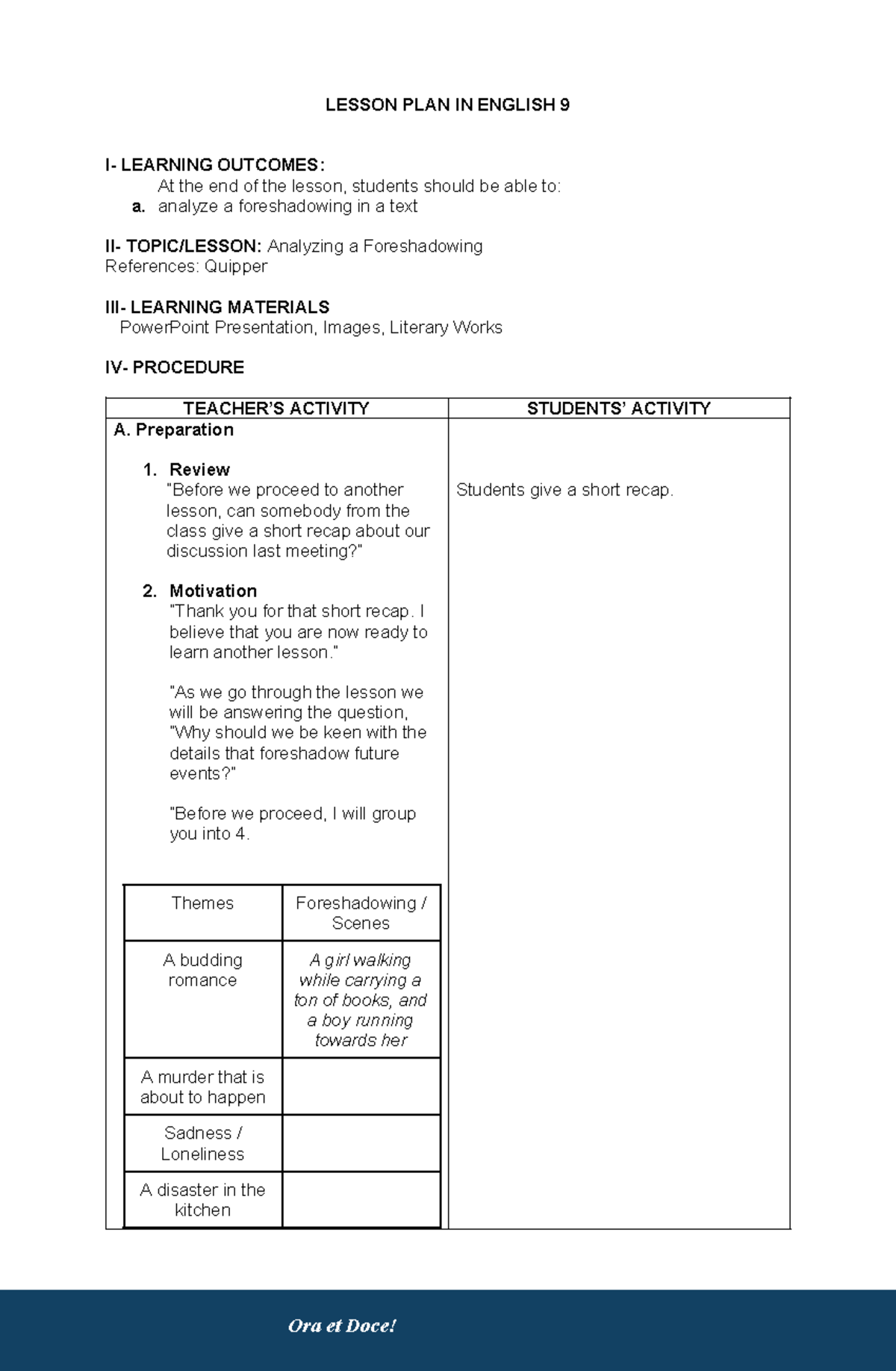 Analyzing a Foreshadowing LP - LESSON PLAN IN ENGLISH 9 I- LEARNING ...
