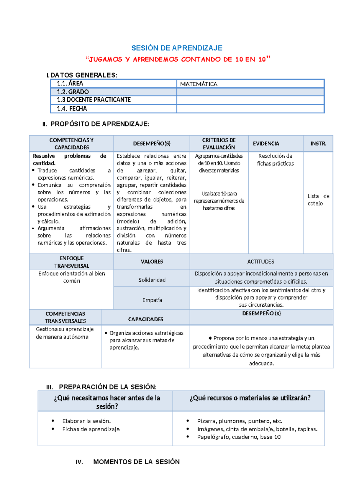 Sesión de Aprendizaje: Jugamos y Aprendemos Contando de 10 en 10 ...