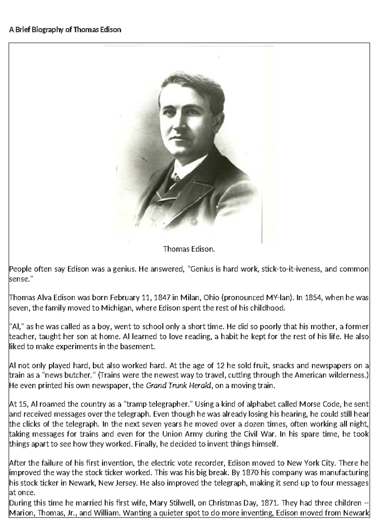 A Brief Biography of Thomas Edison - Historical Insights - Studocu