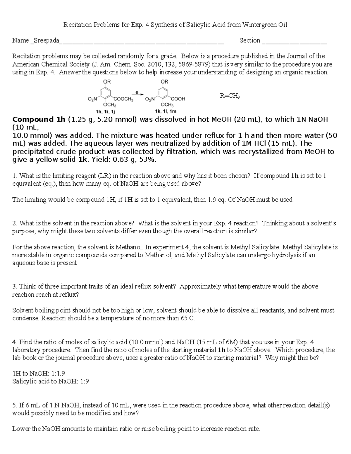 Recitation Problems for Exp. 4: Synthesis of Salicylic Acid - Studocu