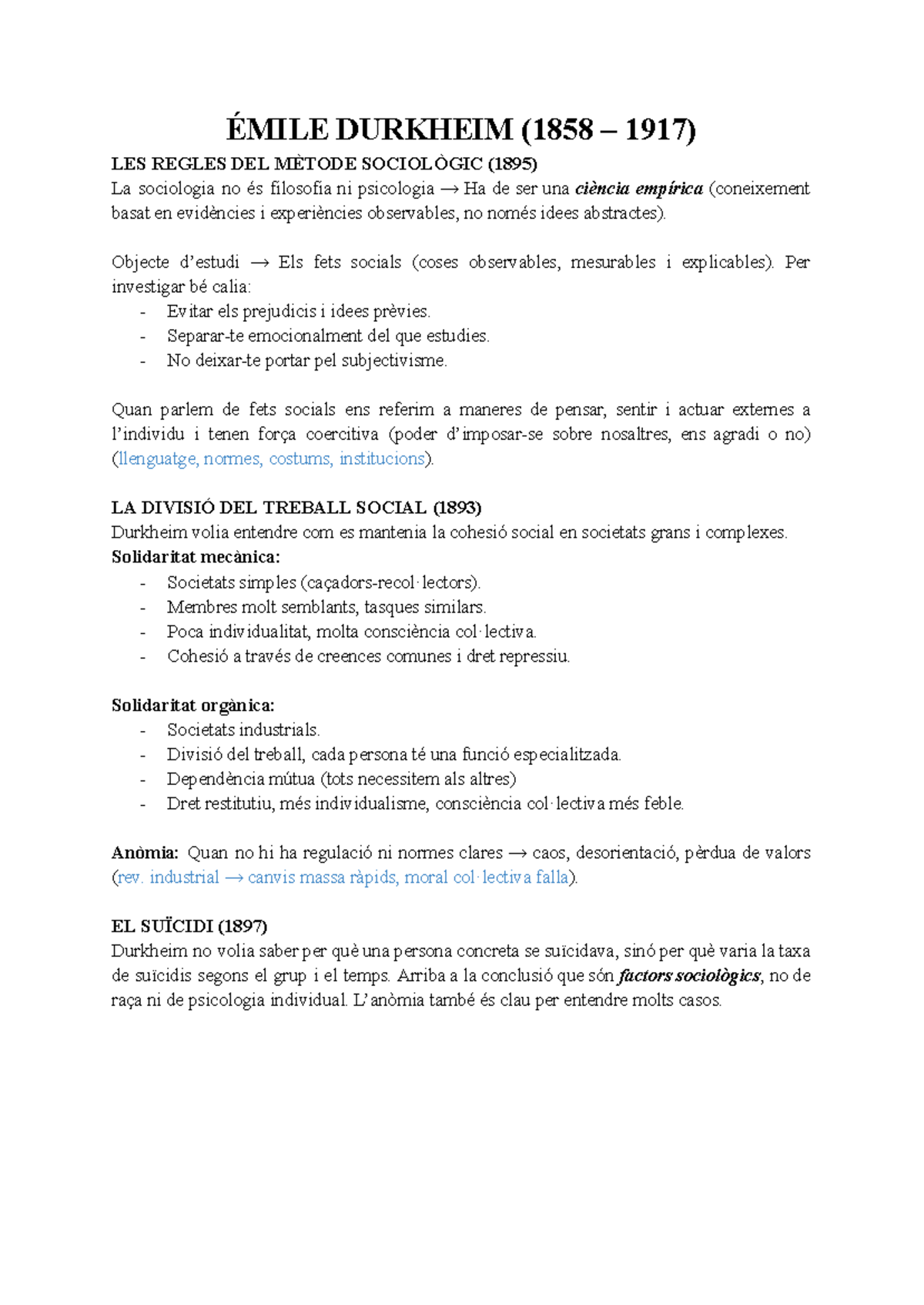 ÉMILE DURKHEIM I MAX WEBER: TEORIES SOCIOLÒGIQUES CLAVE - Studocu
