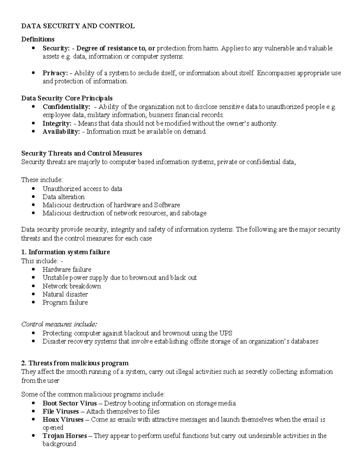 Data Security & Control Principles: Threats and Protective Measures ...