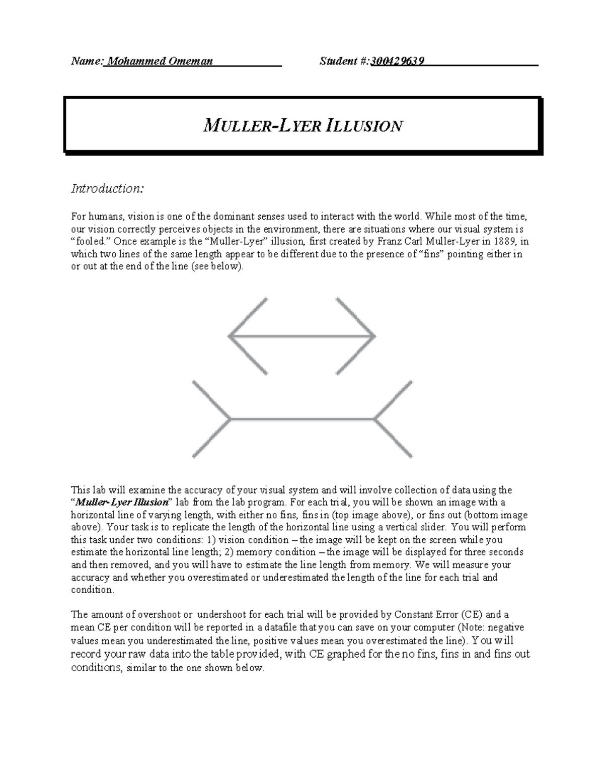 Muller-Lyer Lab Report: Vision vs Memory Conditions Analysis - Studocu