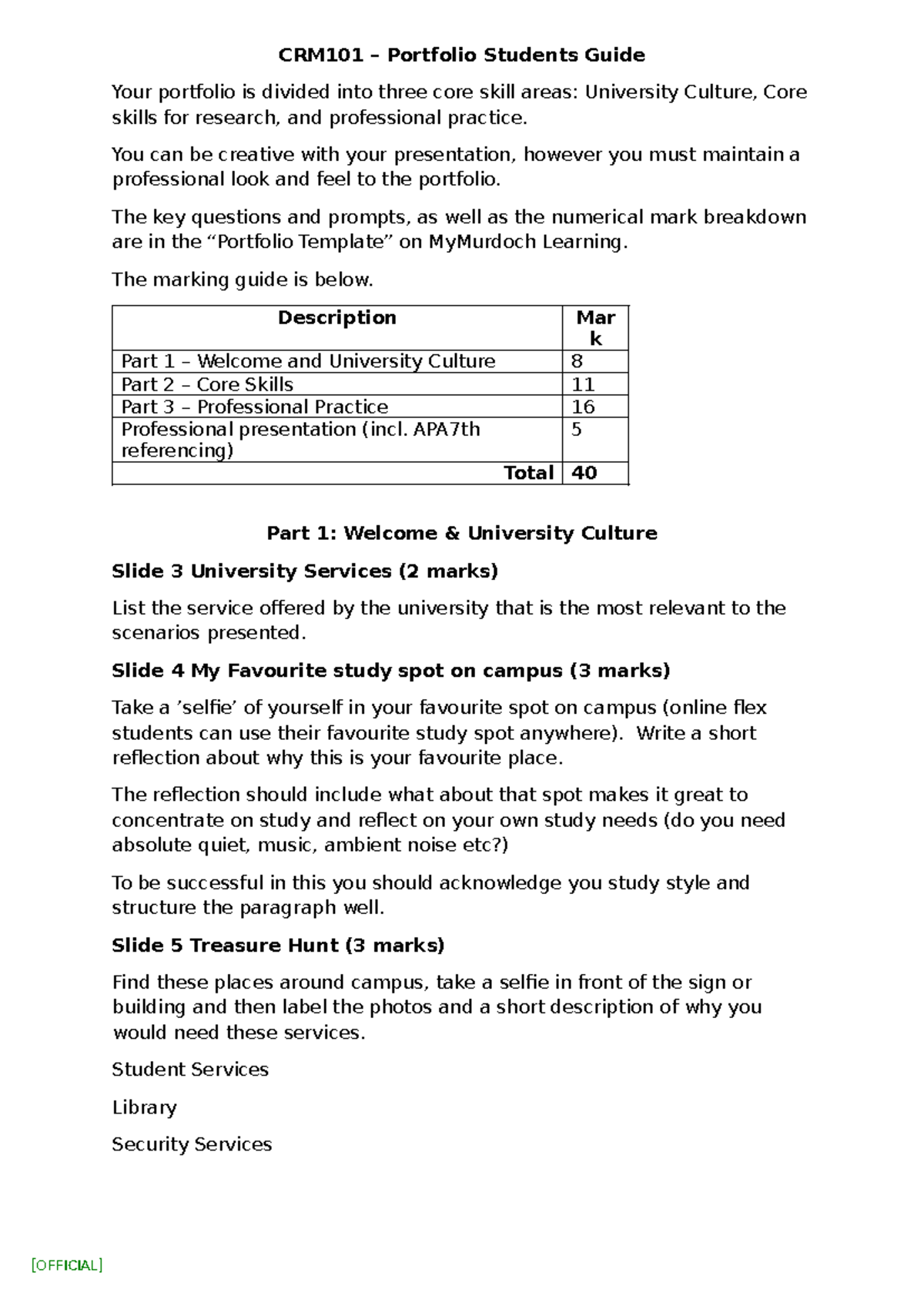 CRM101 Portfolio Guide: Skills in University Culture & Professionalism - Studocu