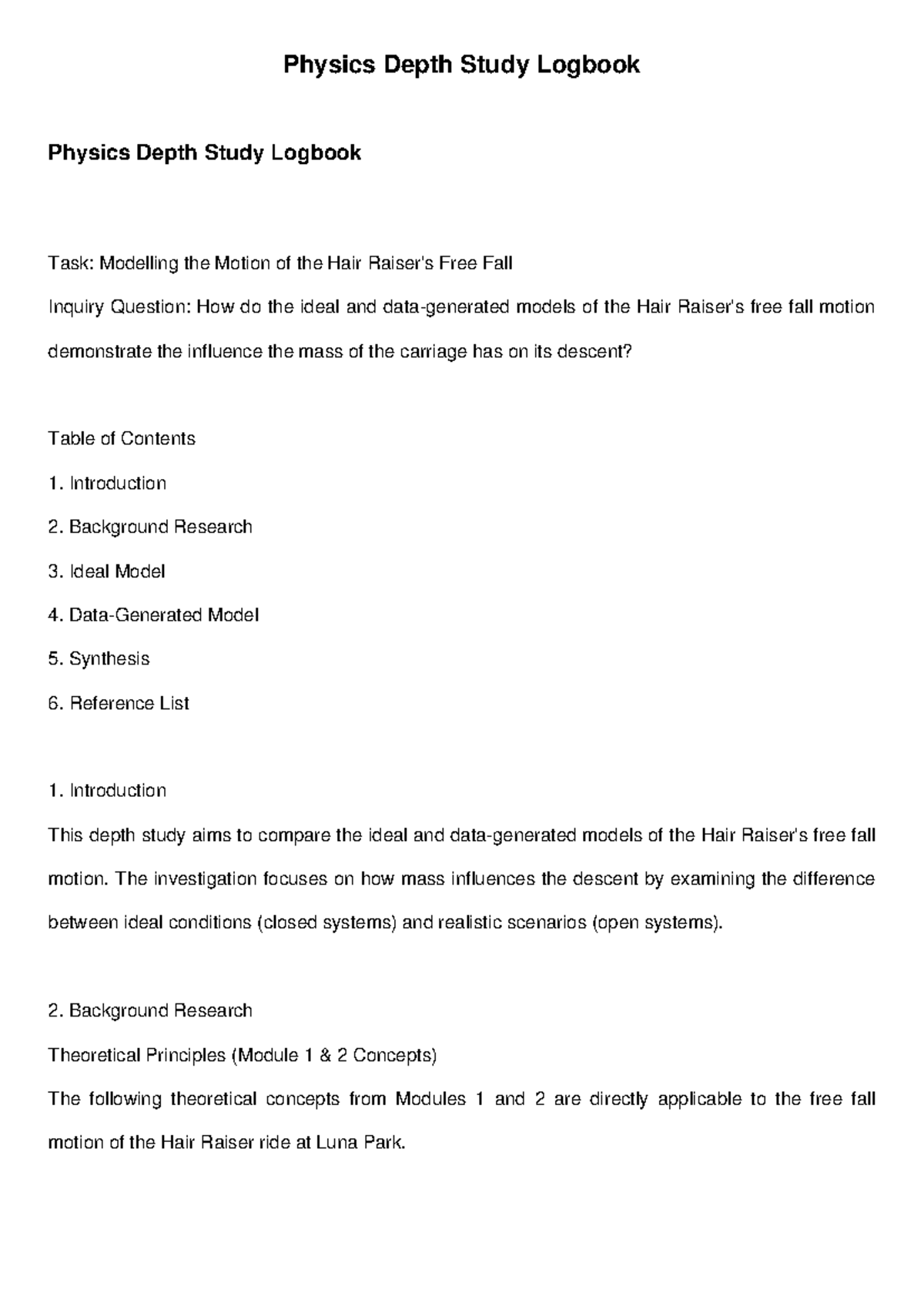 Physics Depth Study Logbook: Hair Free Fall Motion Analysis - Studocu