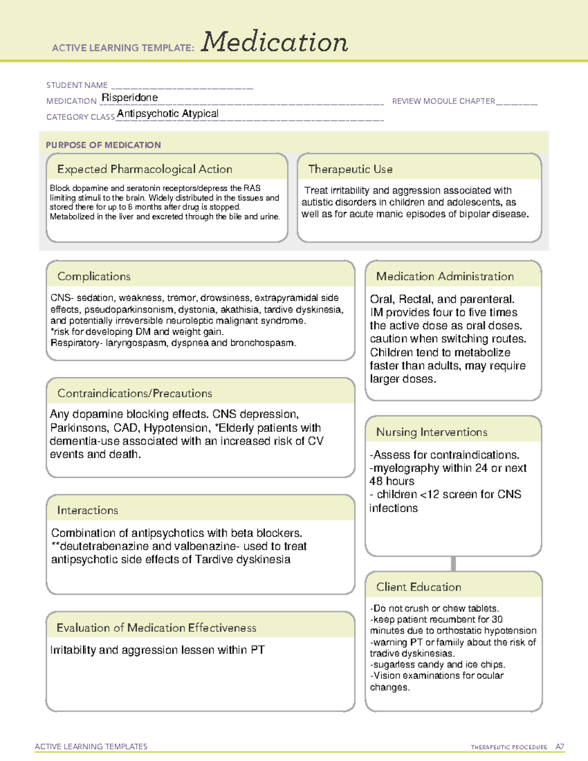 Risperidone (Antipsychotic) - Active Learning Template Notes - Studocu