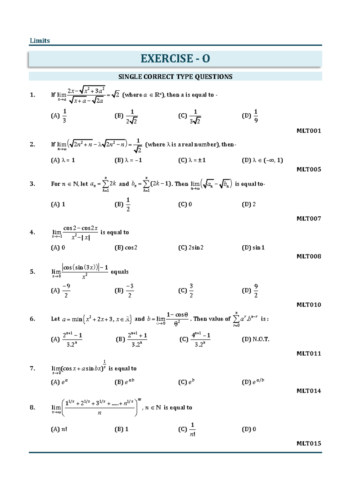 Limits Exercise: Single Correct Type Questions MLT001-MLT104 - Studocu
