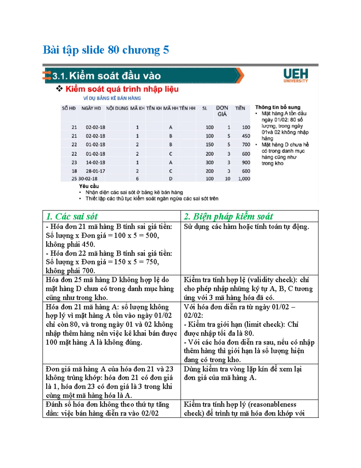 Bài tập slide 80: Kiểm soát sai sót Hóa đơn chương 5 - Studocu