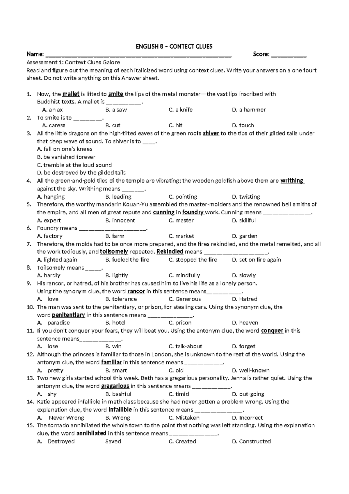 522959930 English 8 Context Clues Quiz Assessment - Studocu