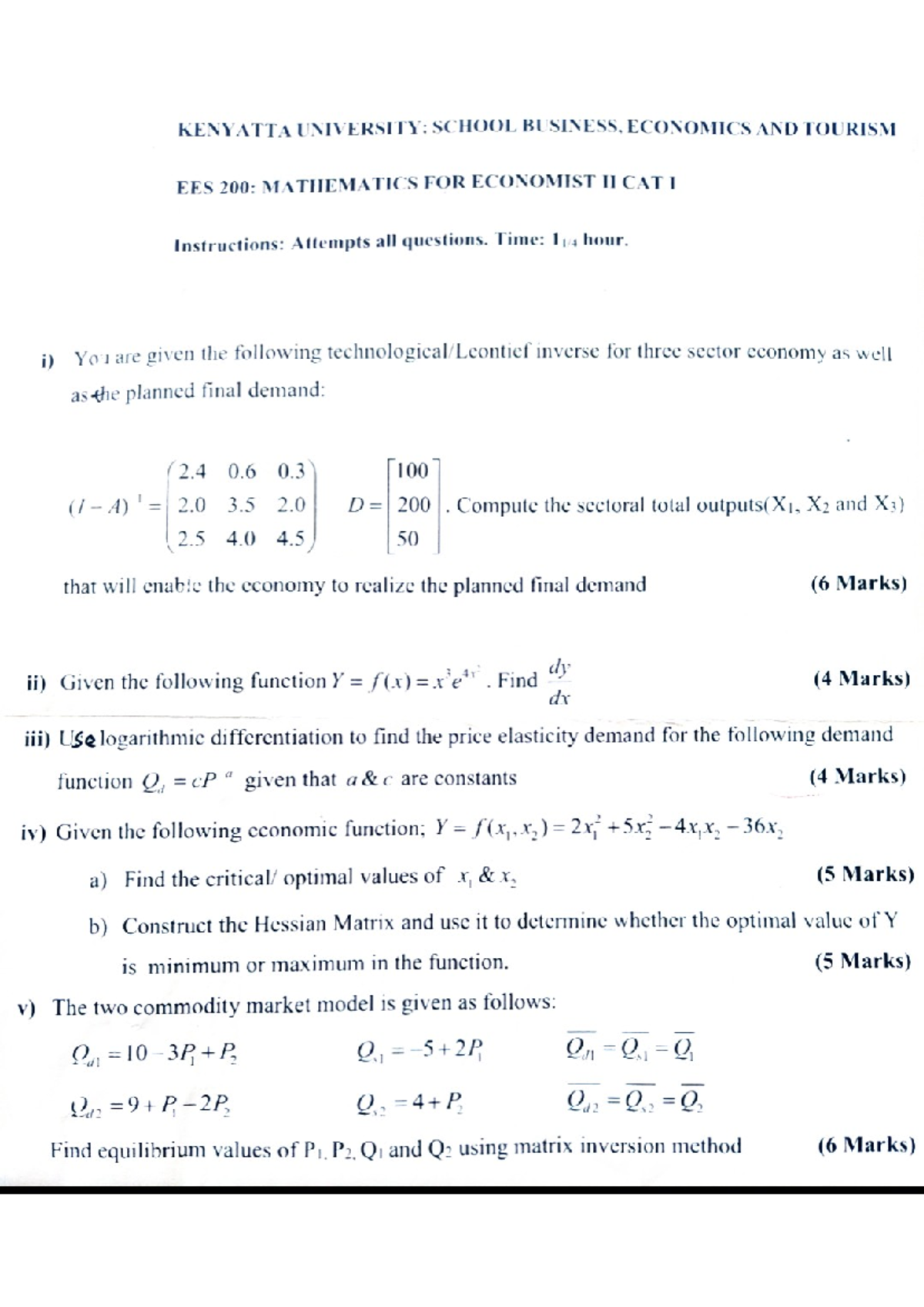 EES 200: Mathematics for Economists II CAT I Marking Guide, 2025 - Studocu