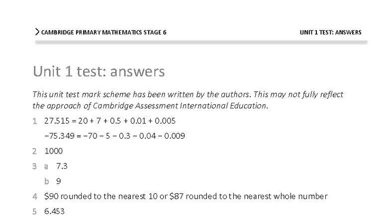 CAMBRIDGE PRIMARY MATHEMATICS STAGE 6 UNIT TESTS: ANSWERS - Studocu