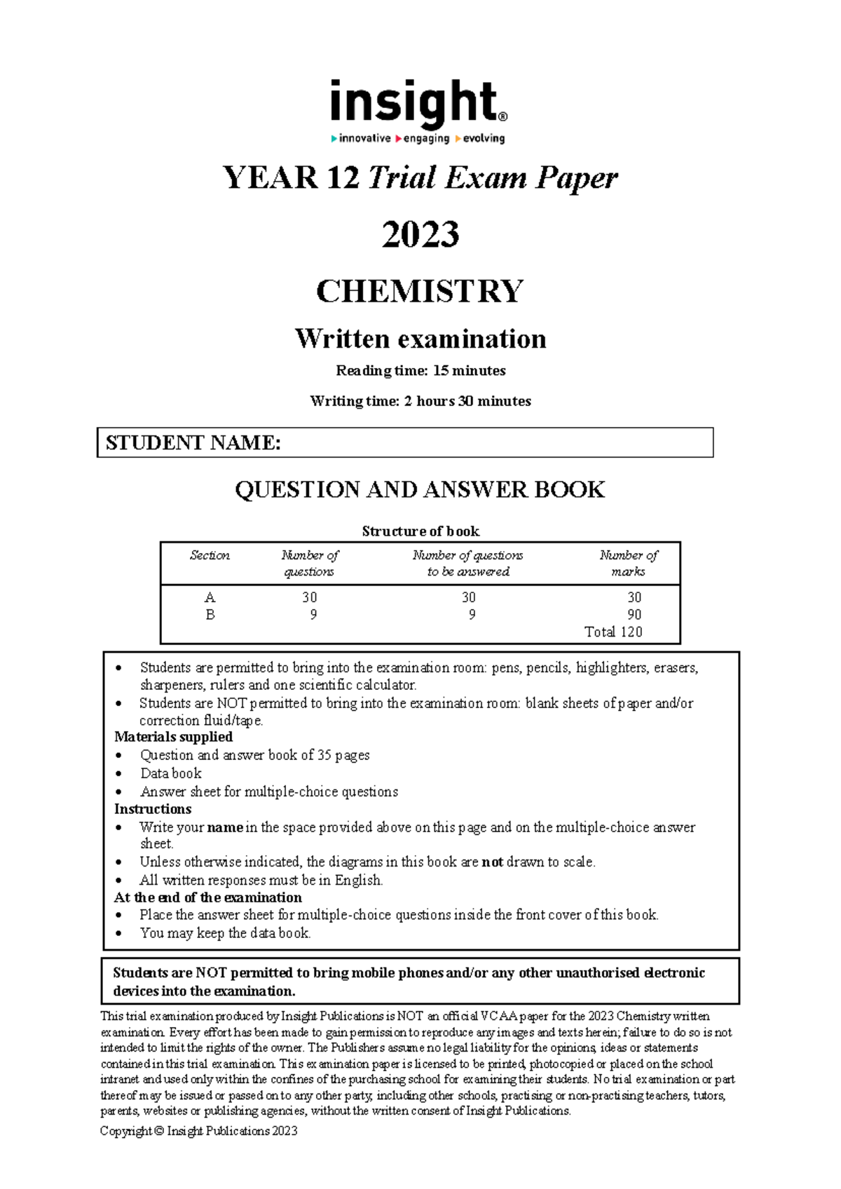 2023 VCAA Yr 12 Chemistry Trial Exam Paper by Insight Publications - Studocu